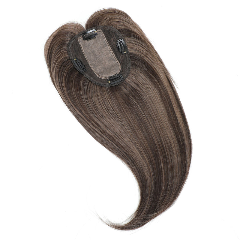 Human Hair Topper with Bangs #2c/2c/8a Rooted Chocolate and Ash Brown