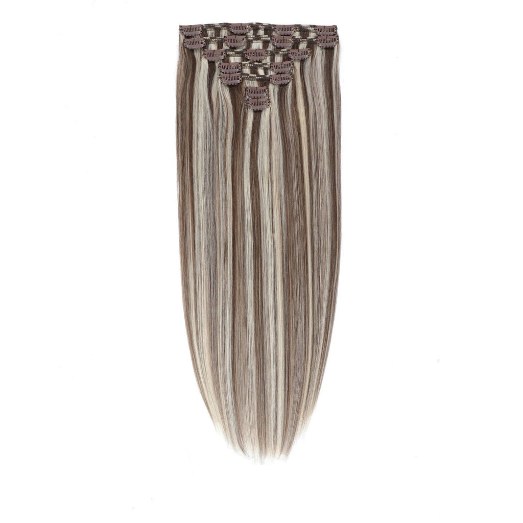 26 Inch Clip In Hair Extensions Ash Brown Highlights