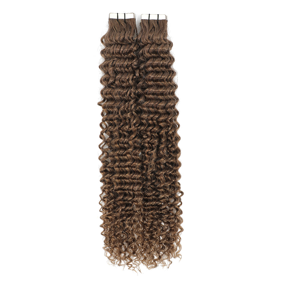 Curly Tape Hair Extensions 3C #8 Cinnamon Brown 20"